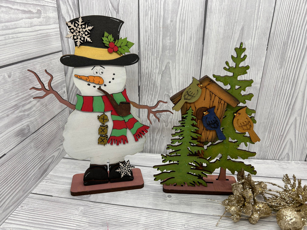 MDF snowman and birdhouse with trees – Glitzcraft